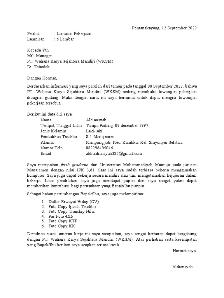 Lamaran Pekerjaan Aldiansyah di WKSM | PDF