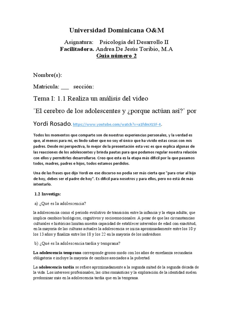 Guia 2 Psicologia Del Desarrollo 2 | PDF | Adolescencia | Sicología