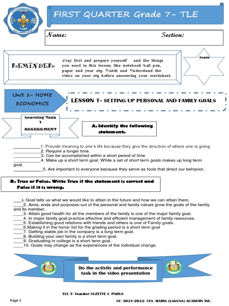 G7 Worksheet Lesson 1 3 | PDF | Family | Goal