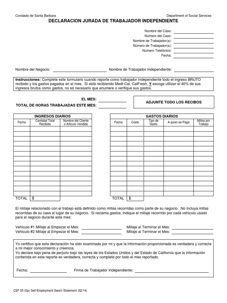 Self-Employment Sworn Statement (Spanish) PDF | PDF