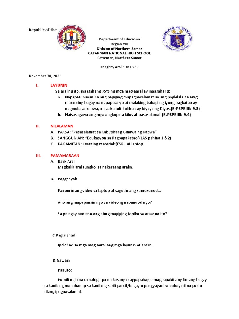 Banghay Aralin Sa ESP 7 For Cot 2021 2022 2nd | PDF