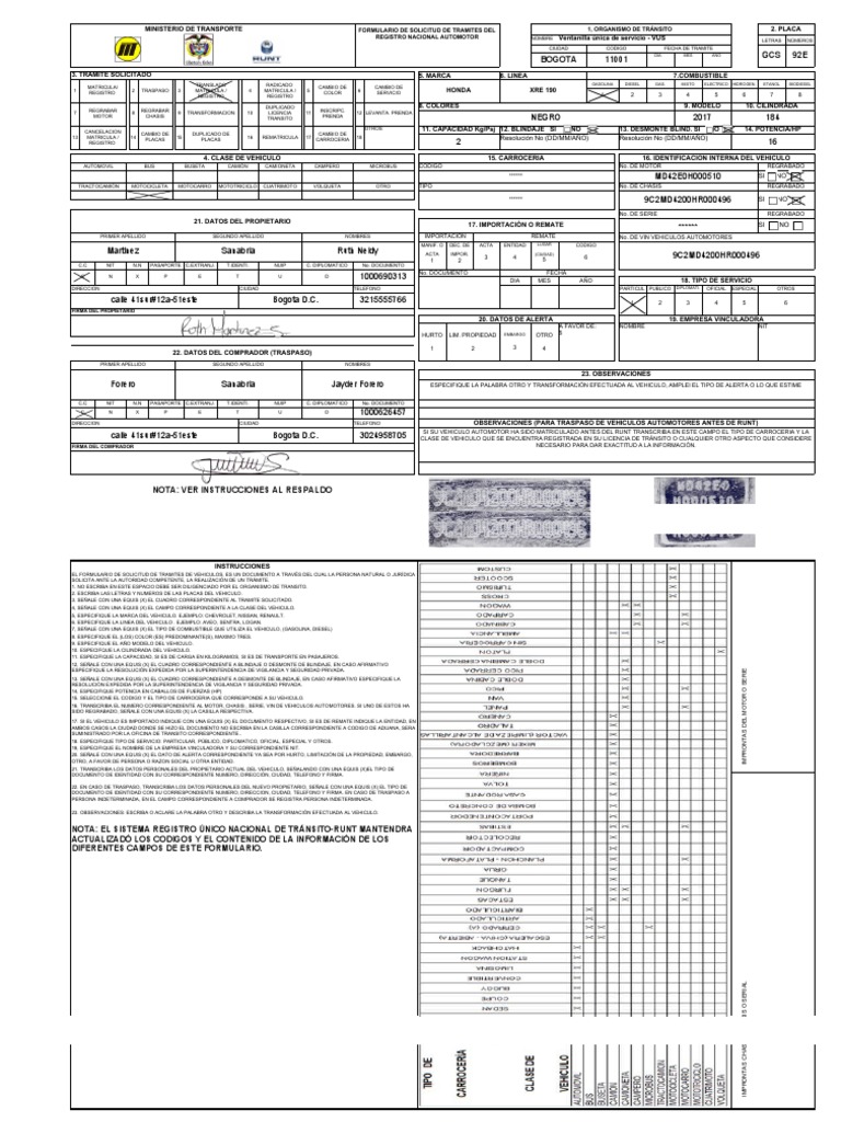 Formulario de Solicitud de Trámites Del Registro Nacional Automotor 1 1 ...