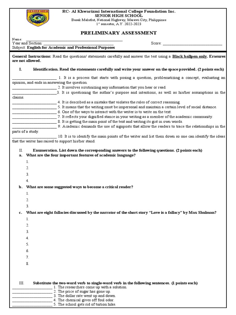 Prelim Assessment in Eapp | PDF | Cognition | Cognitive Science