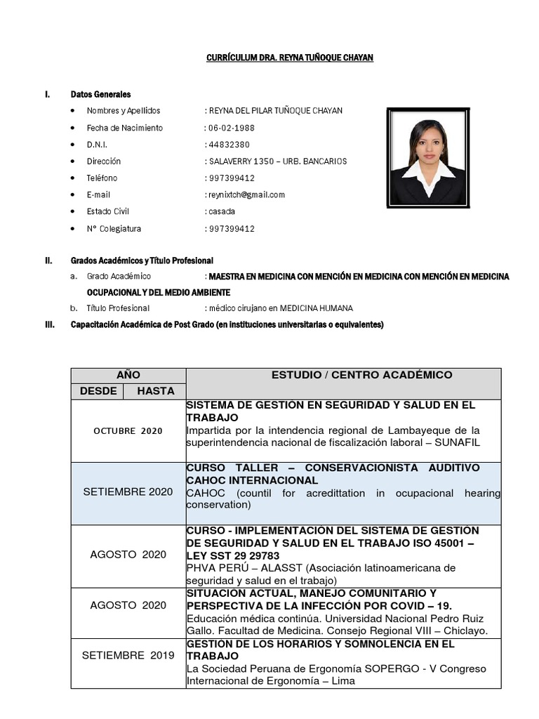 CV - Reyna Tuñoque Chayan | PDF | Hospital | Medicina