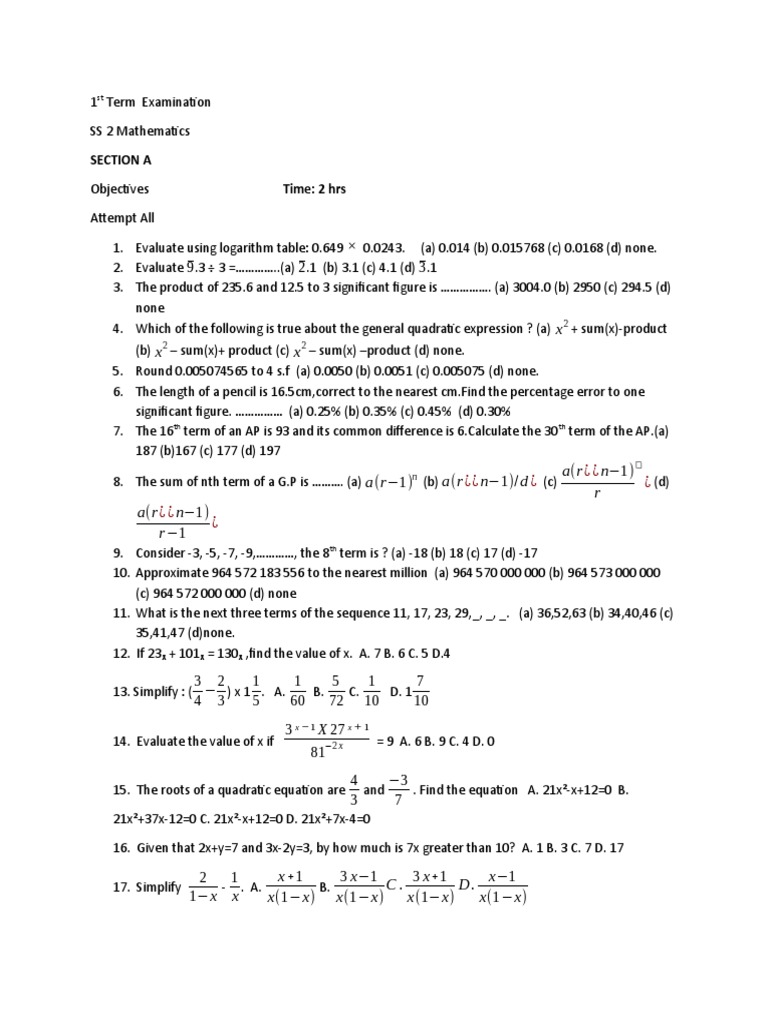 SS2 First Term Mathematics Exam Questions | PDF | Arithmetic ...