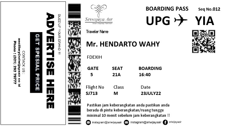 Boarding Pass Sriwijaya HW Upg - Yia | PDF