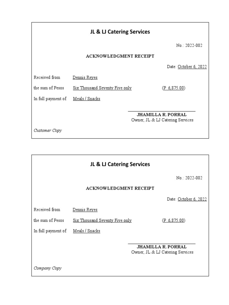 Payment Acknowledgement Receipt - 2022-002 - JL&LJ | PDF | Receipt ...