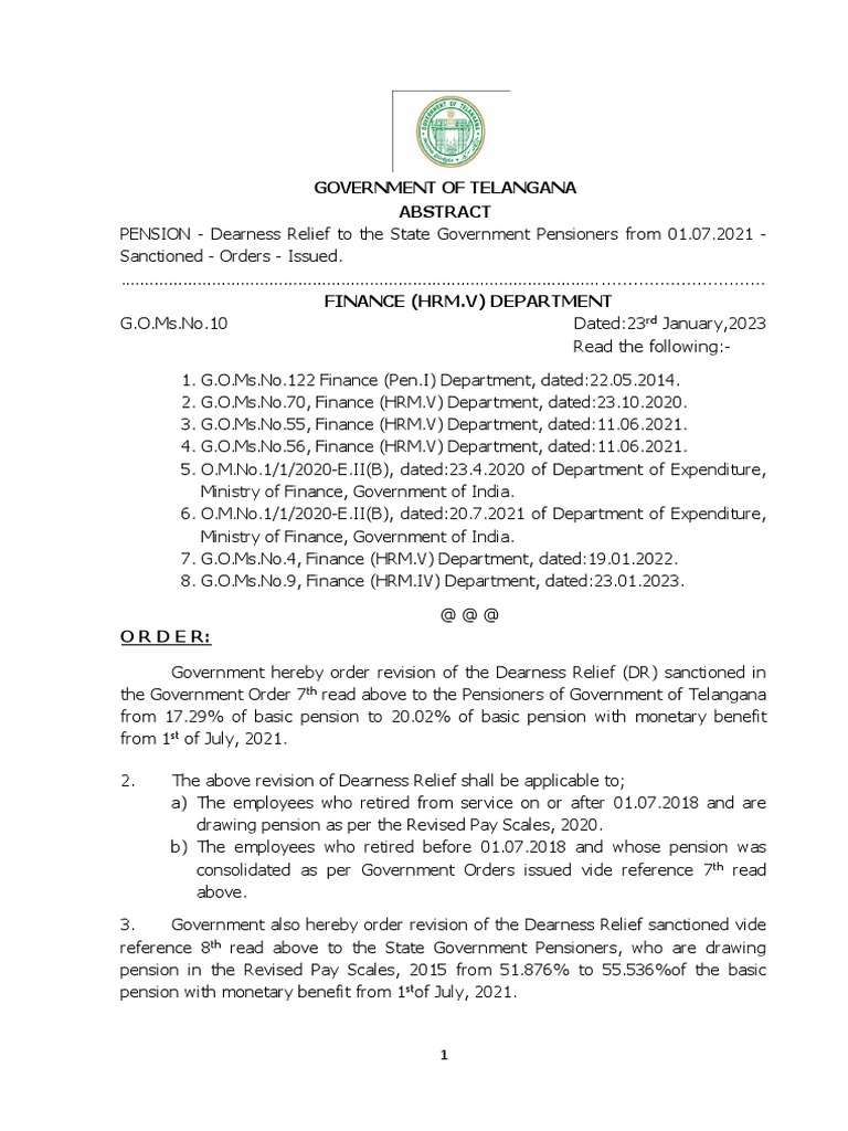 GO Ms No.10 - PENSION - Dearness Relief | PDF | Pension | Government Of India