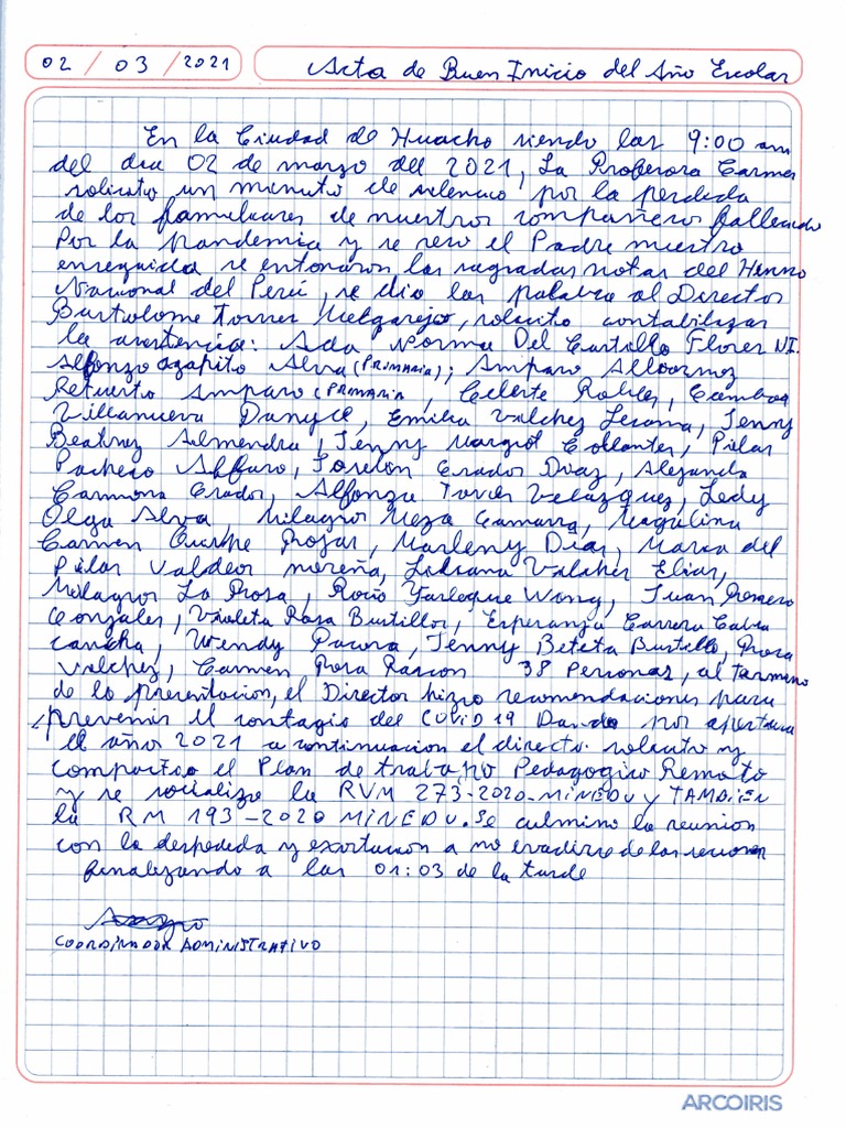 Acta Del Buen Inicio Del Año Escolar 20318 Pdf