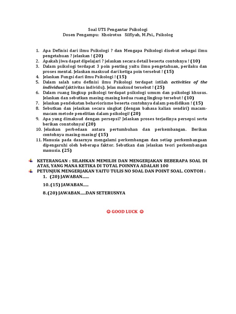 Soal UTS Pengantar Psikologi | PDF | Karier & Perkembangan | Pengembangan Diri