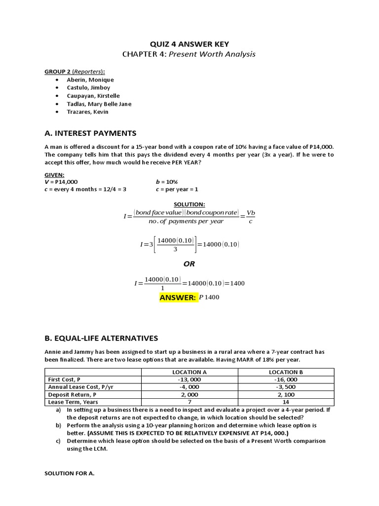 Engineering Economics Quiz Key | PDF | Bonds (Finance) | Spreadsheet