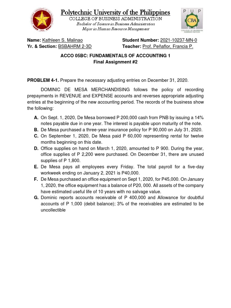 Final Ass. 2 Malinao Kathleen S. BSBAHRM 2 3D | Download Free PDF | Debits And Credits ...