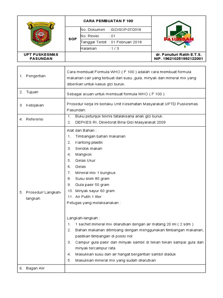 Prosedur Pembuatan Formula F100 | PDF