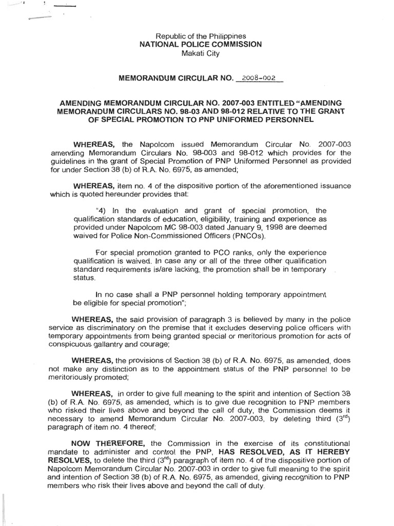 MC 2008-002 Granting Special Promotion of PNP Pers | PDF