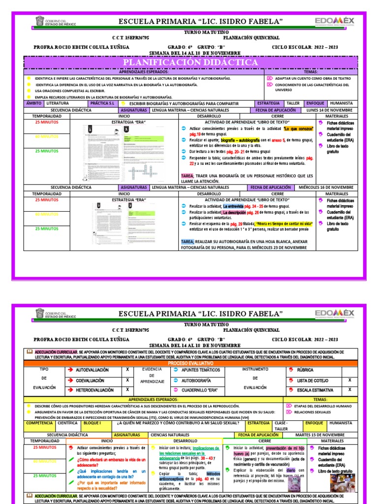 Planeación Semana 12 Del 14 - 18 de Noviembre. | Descargar gratis PDF ...