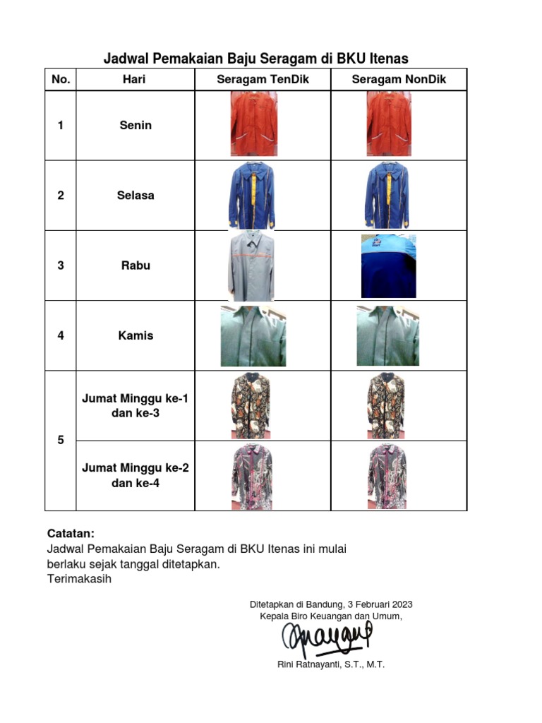 Jadwal Pemakaian Baju Seragam Karyawan Di Itenas 03022023 | PDF