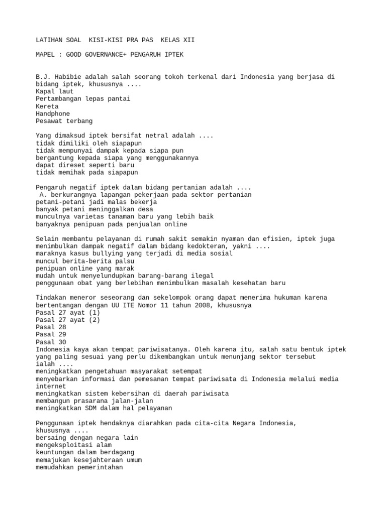 Latihan Soal Siswa Kisi-Kisi Kelas Xii (Good Governance +iptek) | PDF