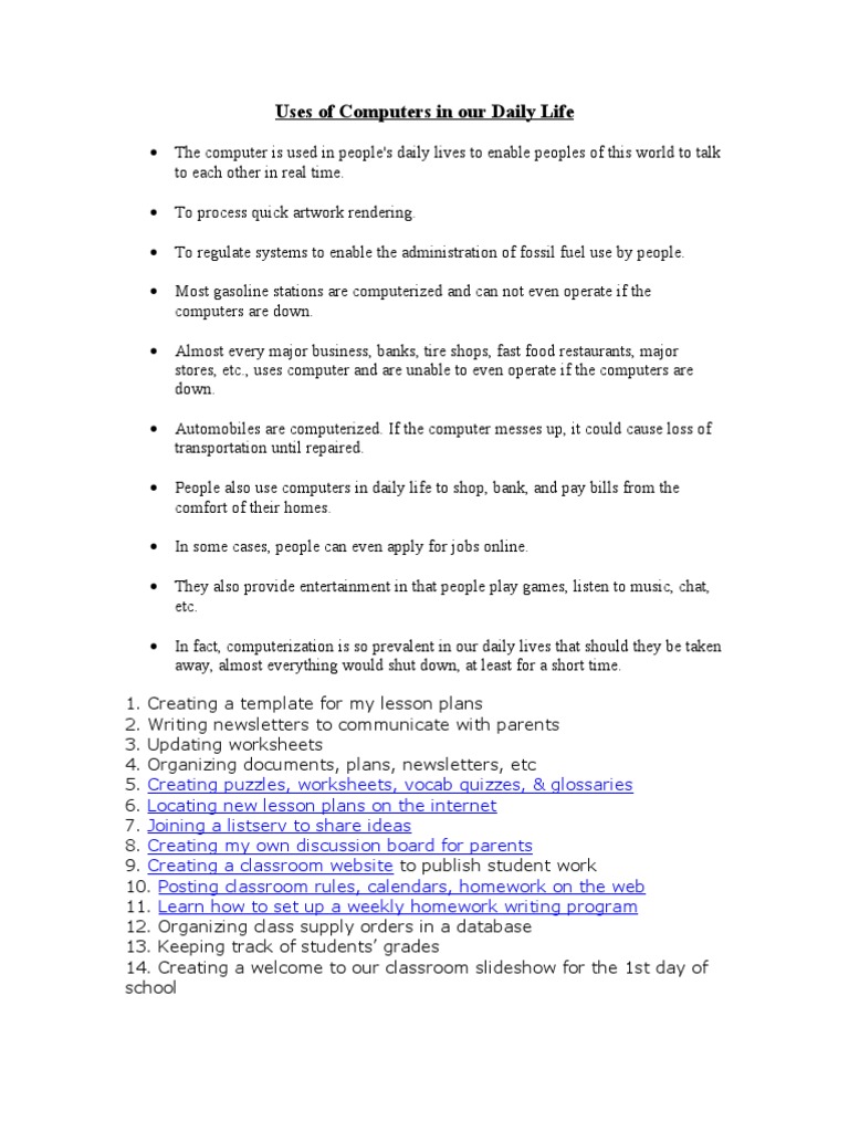 Uses of Computers in Our Daily Life | Lesson Plan | Online And Offline