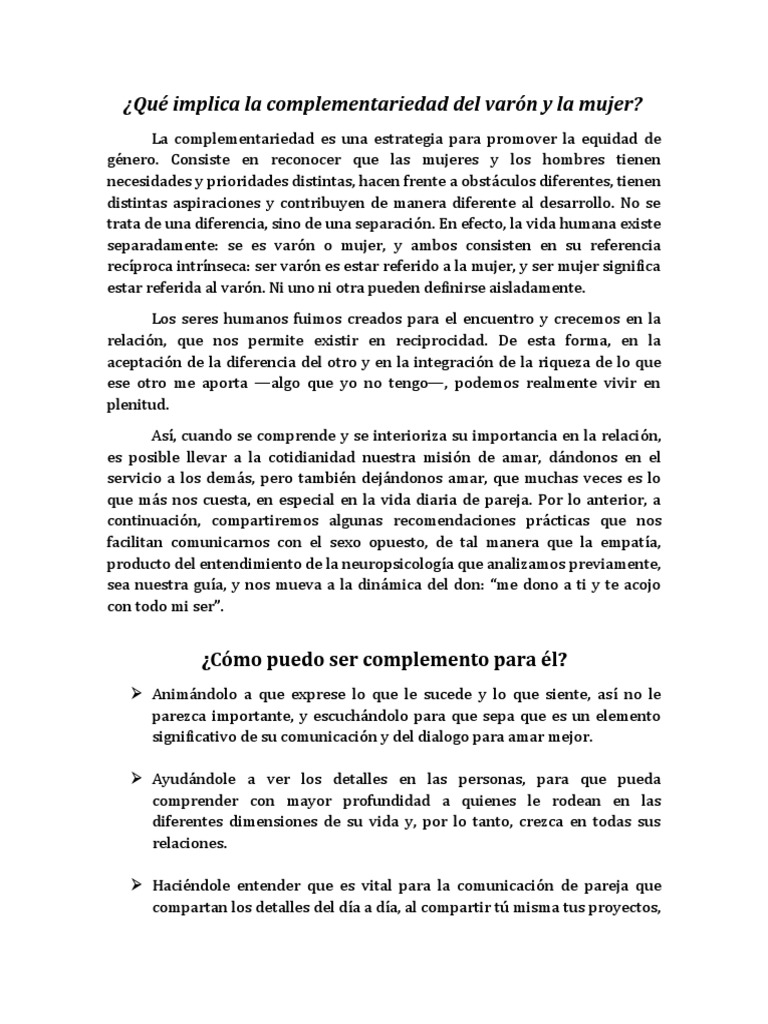 Qué Implica La Complementariedad Del Varón y La Mujer | PDF | Amor | Mujer