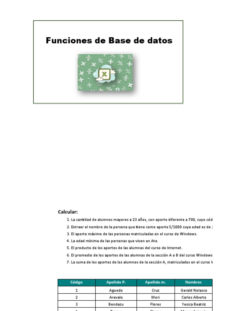 Semana 05 - Excel - Ejercicios de Funciones de Base de Datos | PDF