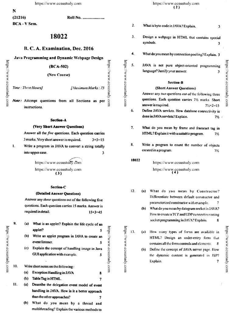 Bca 5 Sem Java 2016 | PDF