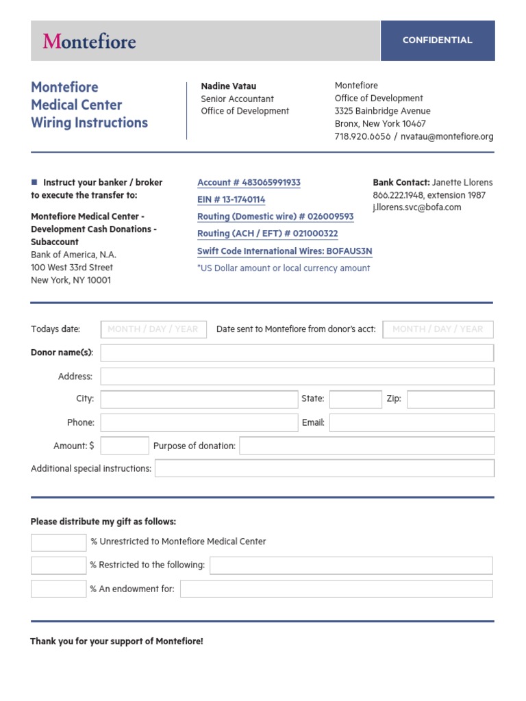Montefiore Wire Transfer Form | PDF | Finance & Money Management