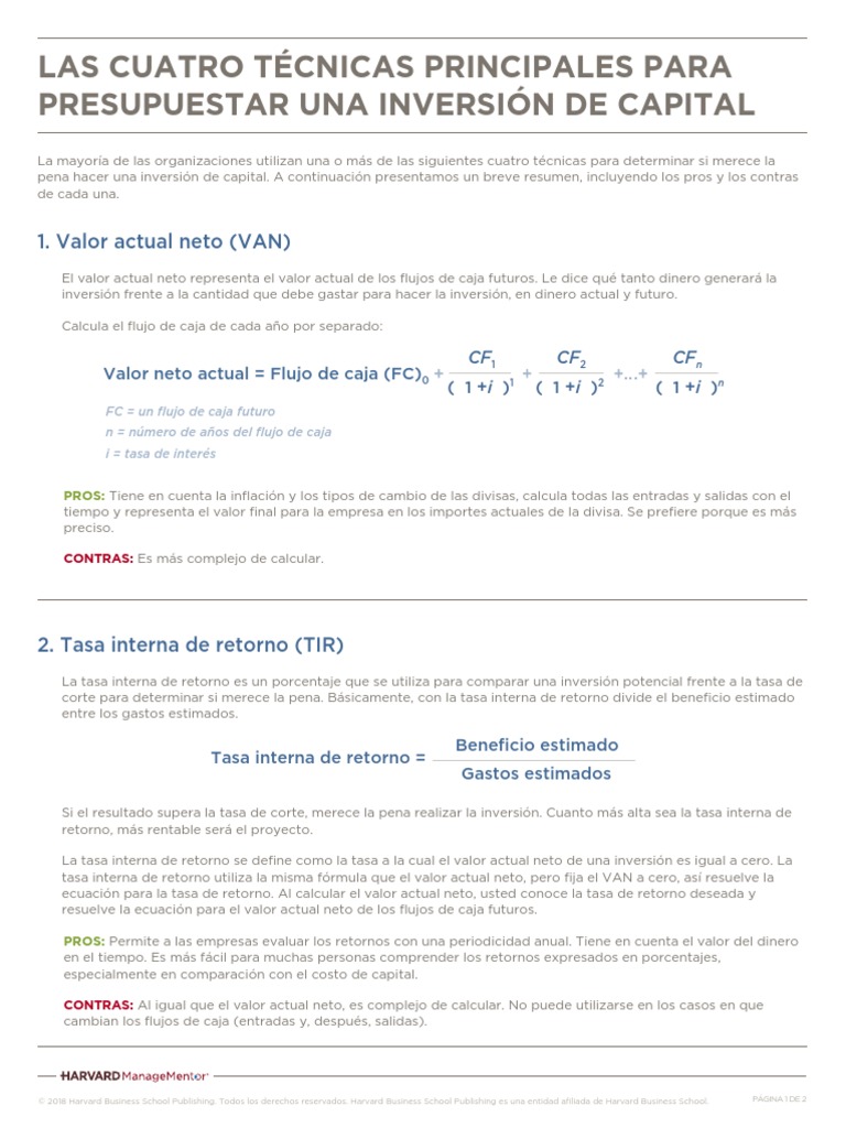 Las Cuatro Técnicas Principales para Presupuestar Una Inversión de Capital | PDF | Tasa interna ...