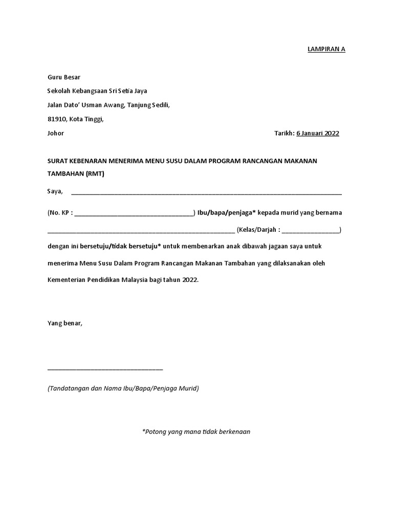 SURAT KEBENARAN MENERIMA MENU SUSU DALAM PROGRAM RMT | PDF
