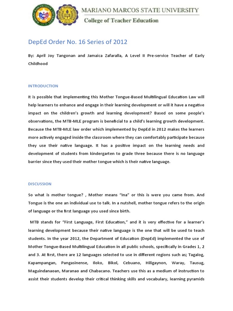 DepEd Order No. 16 S 2012-1 | PDF | First Language | Curriculum DepEd Order No. 16 S 2012-1 | PDF | First Language | Curriculum