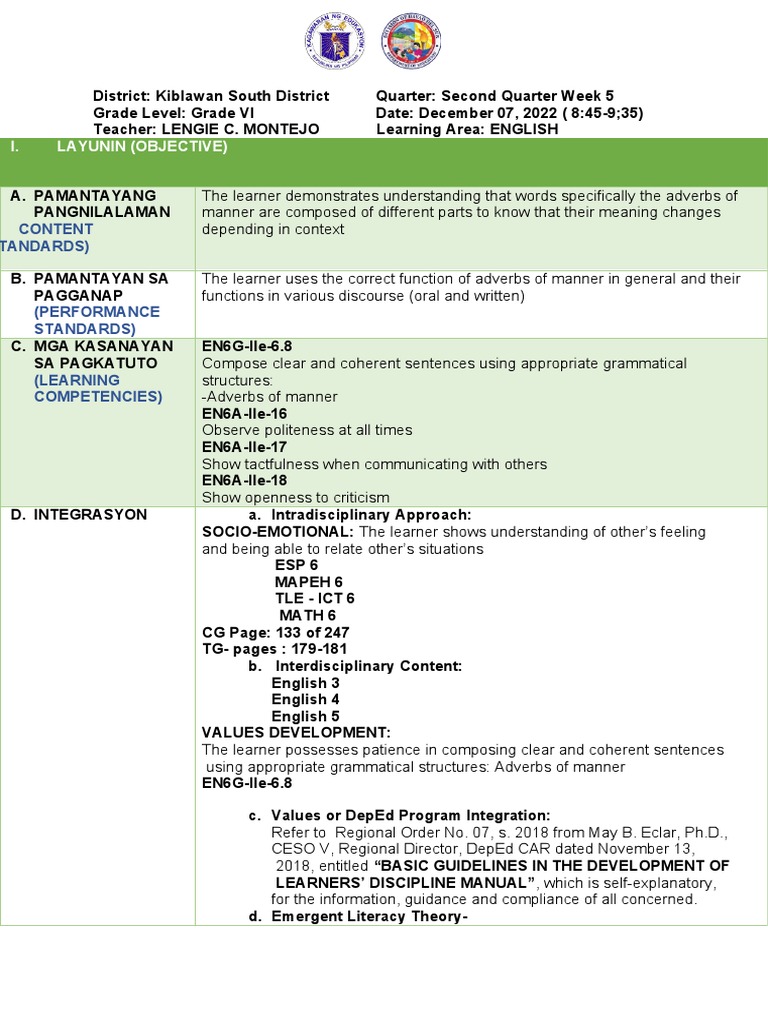 Lesson Plan in Grade VI-English 6 Adverb of Manner | PDF | Learning ...