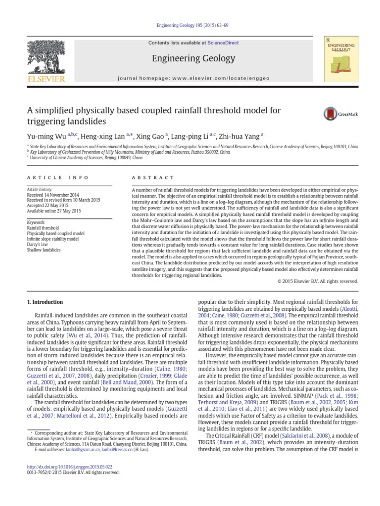 A Simplified Physically Based Coupled Rainfall Threshold Model For | PDF | Landslide | Precipitation