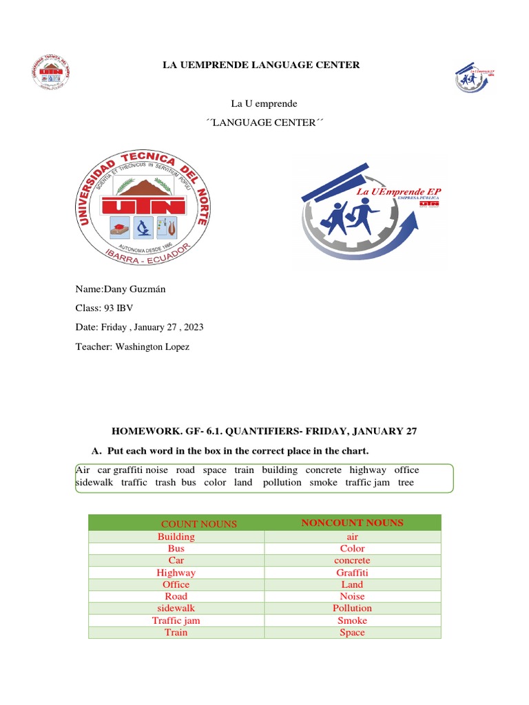 Homework. GF - 6.1. Quantifiers - Friday, January 27 | PDF