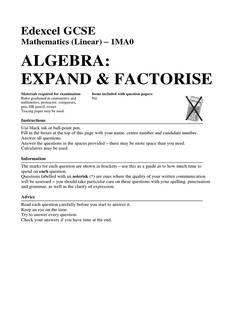 Edexcel GCSE Mathematics Linear 1MA0 ALG | PDF | Mathematics