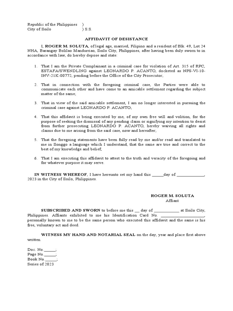 Affidavit of Desistance | PDF | Politics | Social Science