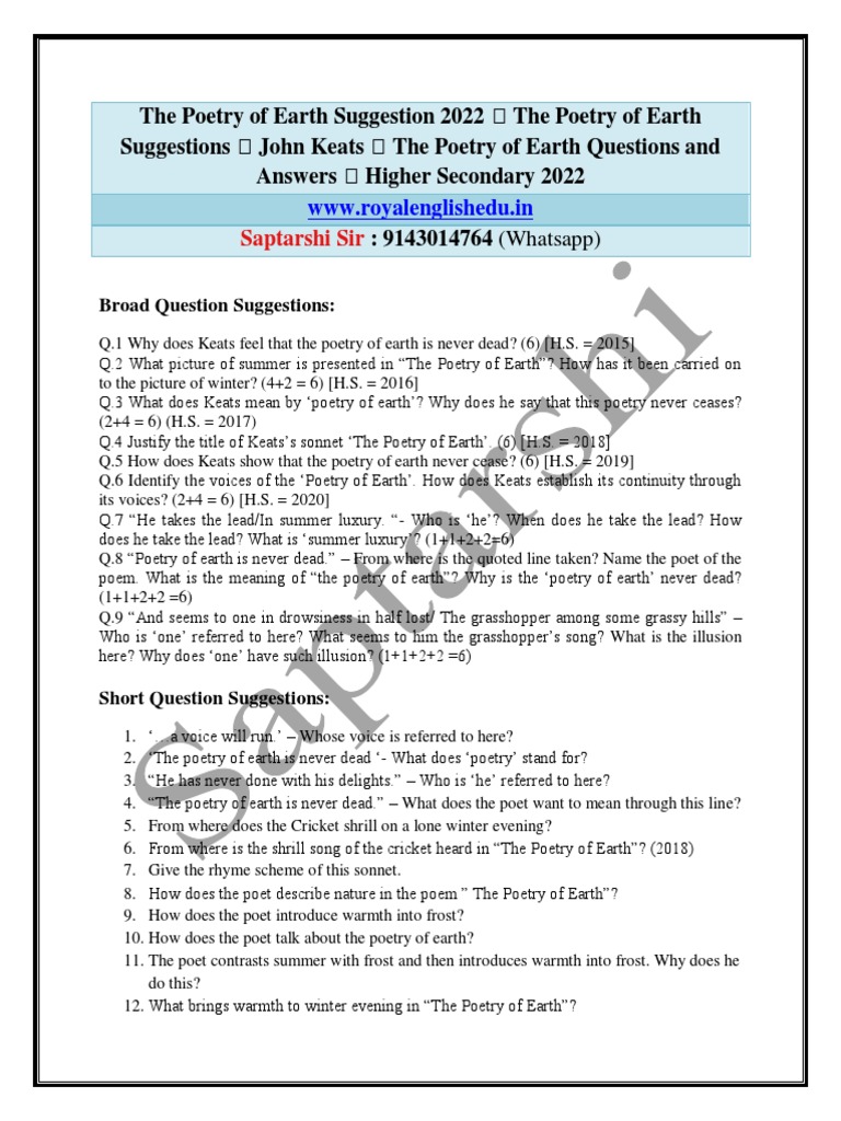 Keats' "The Poetry of Earth" Study Guide 2022 | PDF | Poetry | Sonnets