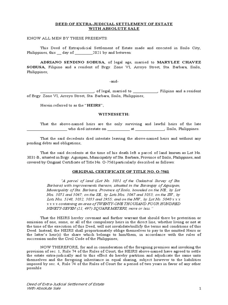 Deed of Extra-Judicial Settlement of Estate | PDF | Deed | Inheritance