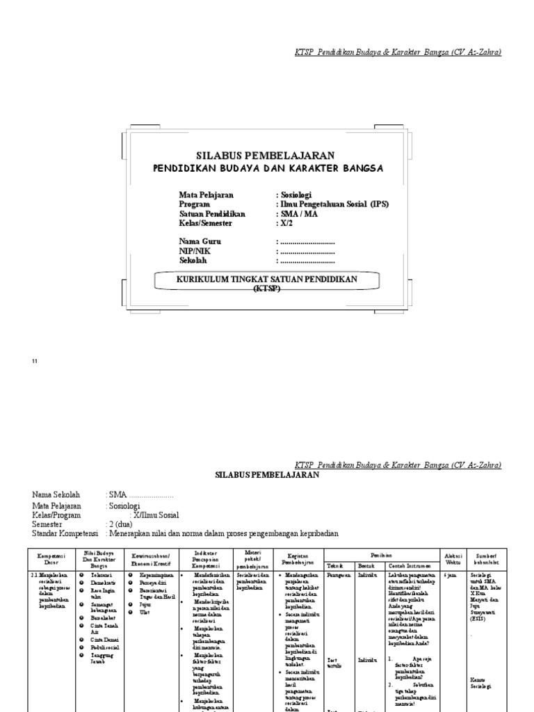 Silabus Sosiologi SMA/MA Kelas X | PDF