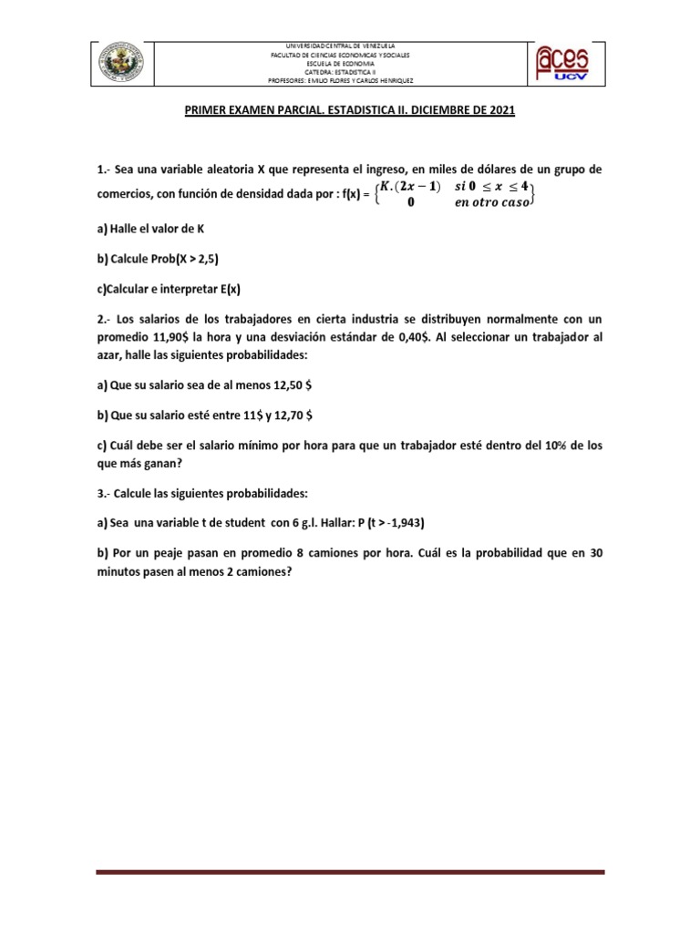 Primer Examen Estadistica 2 | PDF