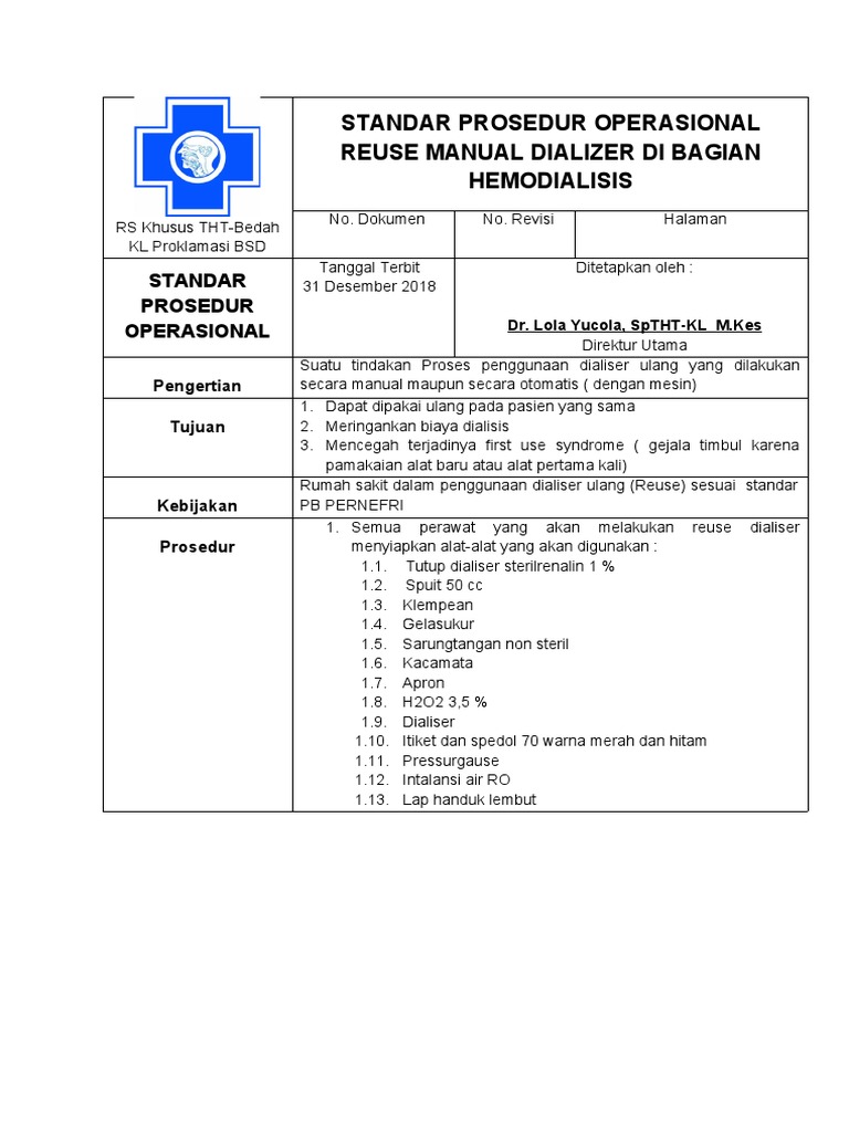 Spo Standar Prosedur Operasional Reuse Manual Dializer Di Bagian ...