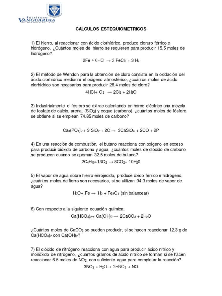 Cálculos estequiométricos de reacciones químicas | PDF | Hidrógeno | Hierro
