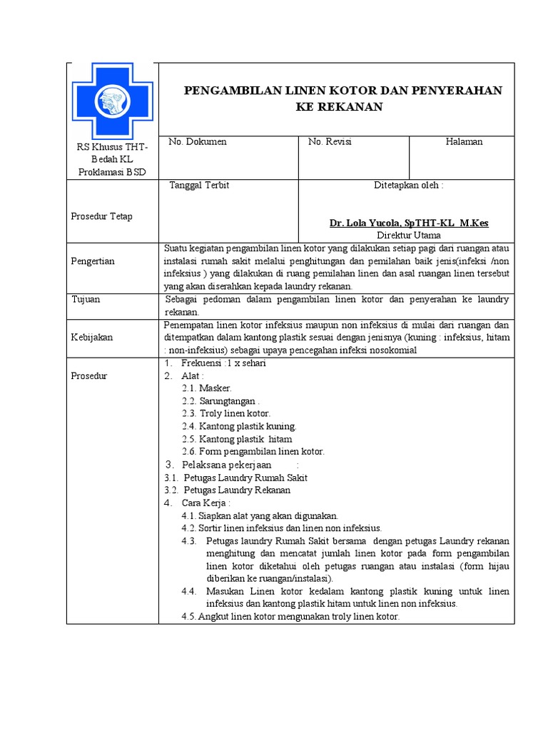 Spo Pengambilan Linen Kotor Dan Penyerahan Ke Rekanan | PDF