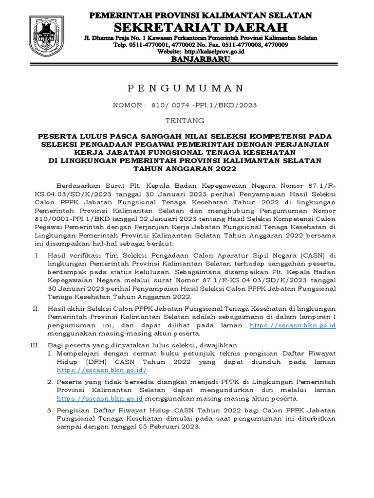 Pengumuman Hasil Selkom Pasca Sanggah Nilai Dan Pemberkasan Bagi Peserta Lulus PPPK Tenkes 2022 ...