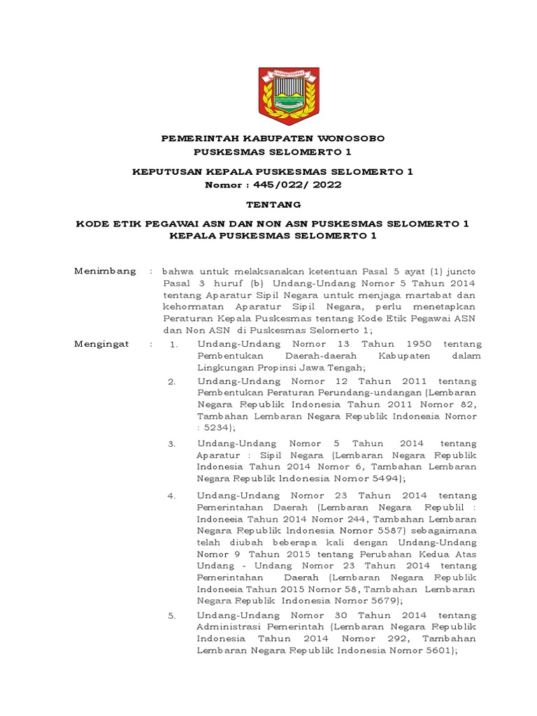 022 SK Kode Etik Pegawai Puskesmas Selo 1 | PDF