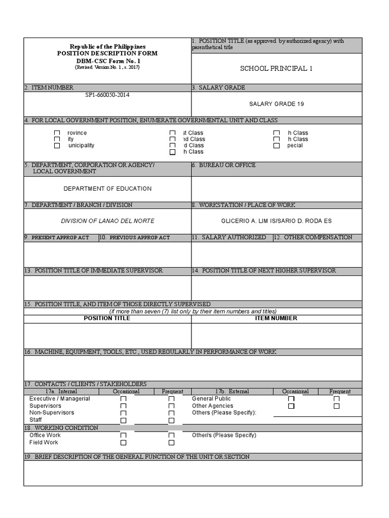 Position Description Form DBM CSC Form No. 1 Revised 2017 | PDF | Labor ...