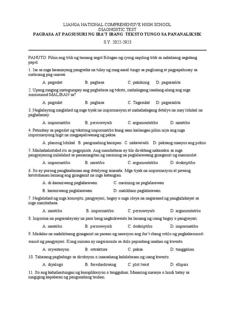 Pagbasa Diagnostic Test | PDF