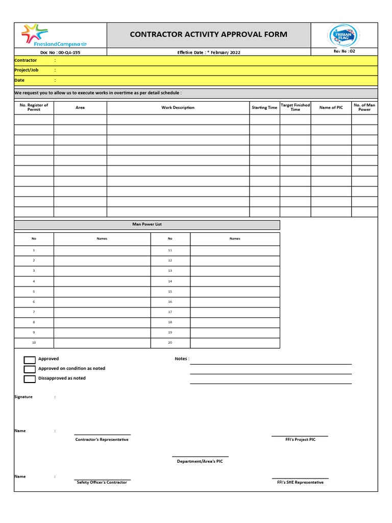 00-QA-155 Contractor Activity Approval Form Rev.02 | PDF