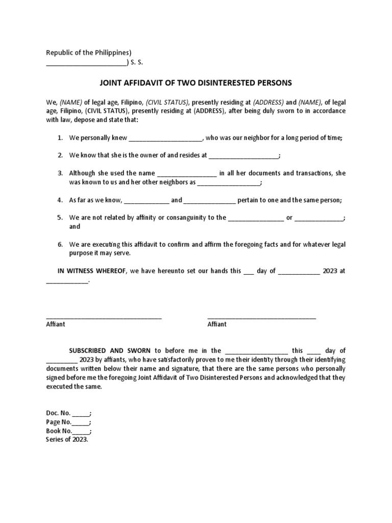 For Birth Certificate - Joint Affidavit of Two Disinterested Persons | PDF
