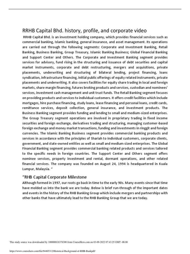 Historical Background of RHB Bank PDF | PDF | Loans | Securities (Finance)