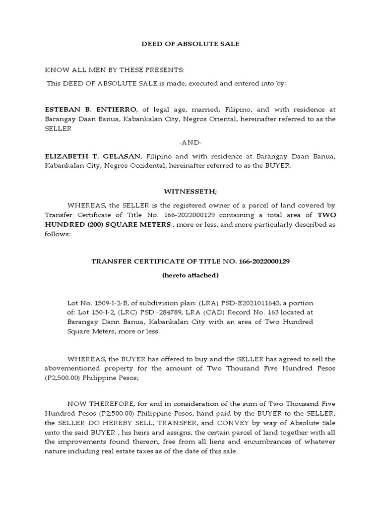 Deed of Absolute Sale Sample | PDF | Deed | Title (Property)