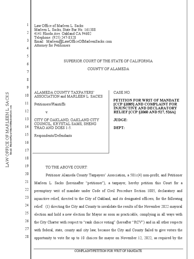 ACTA and Sacks v. City of Oakland Et Al Writ Petition PDF | PDF | Complaint | Elections